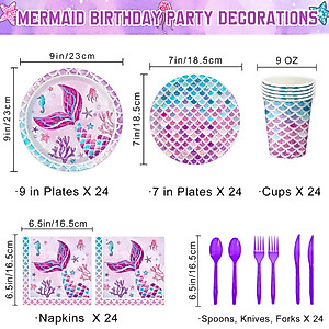 168Pcs Mermaid Birthday Decorations Mermaid Party Supplies Includes Plates, Napkin, Knives, Spoons, Forks for Baby Shower Ocean Birthday Party Decorations, Serves 24