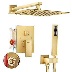 ESNBIA Shower System, Bathroom 12 Inches Rain Shower Head with Handheld Combo Set, Wall Mounted High Pressure Rainfall Dual Shower Head System, Shower Faucet Set with Valve and trim, Brushed Gold