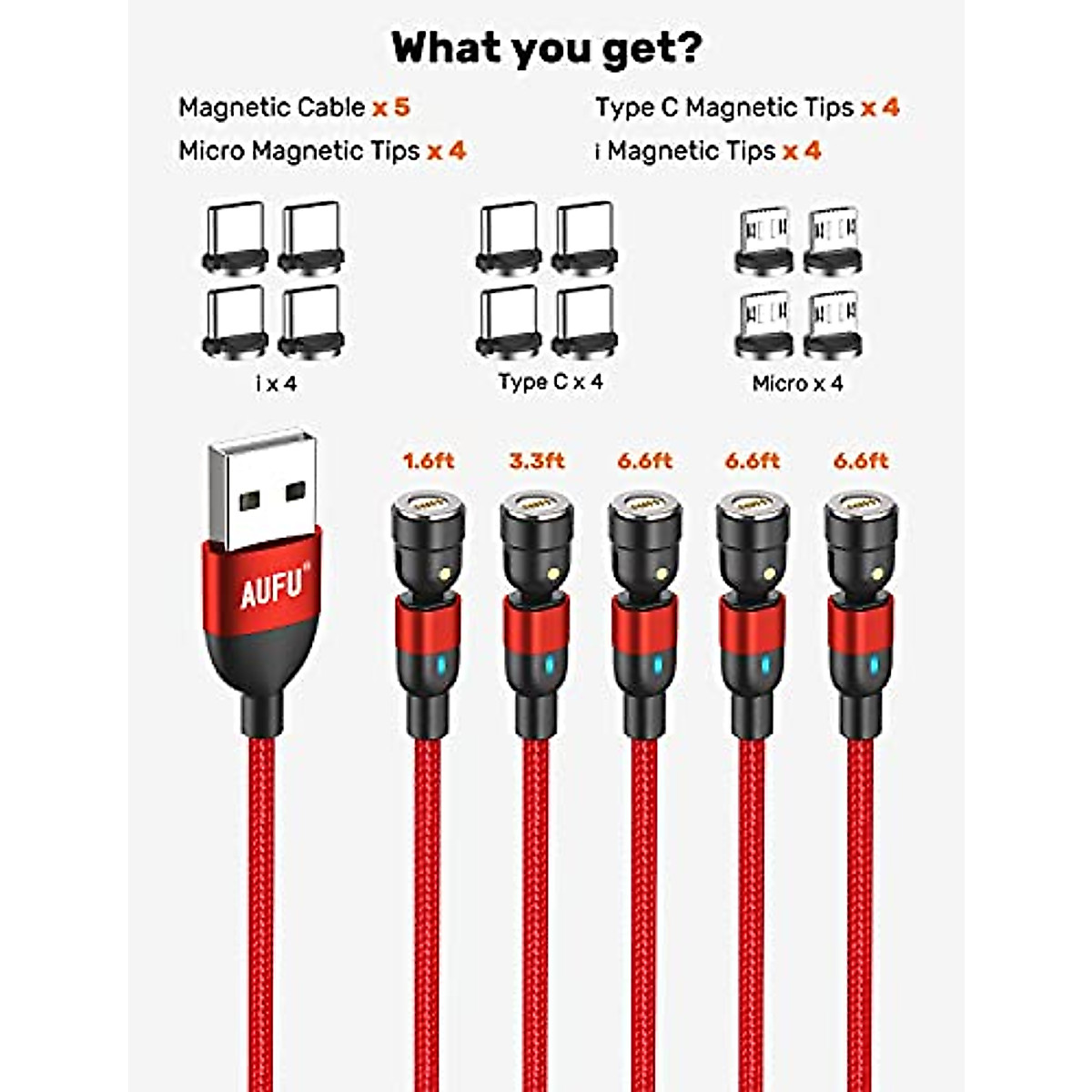 Fast Charging Magnetic Charging Cable(5Pack-1.6ft/3.3ft/6.6ft/6.6ft/6.6ft), AUFU Magnetic Charger Cable USB C Magnetic Fast Charger 3A Fast Charging Data Transfer Magnetic Cable for Micro USB Type C