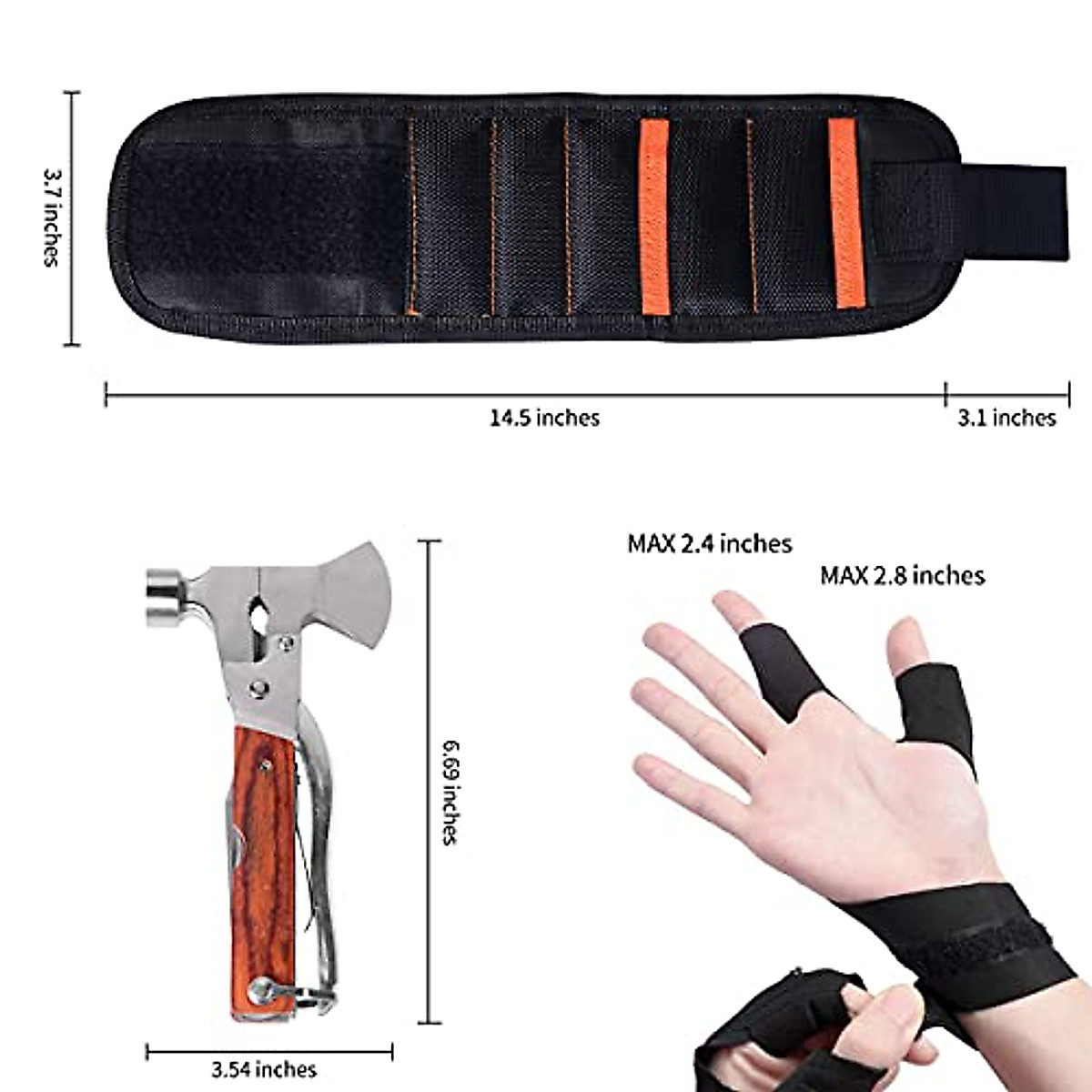 Hammer Multitool, Multipurpose 14 in 1 Camping Tool Survival Gear Hammer Tool Set Accessories with a Magnetic Wristband and a Pair of LED Flashlight Gloves for Household, Camping Equipment, Work