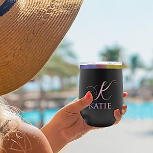 Personalized 12 oz Insulated Stemless Wine Tumbler - Custom Engraved and Monogrammed (Black with Prism)