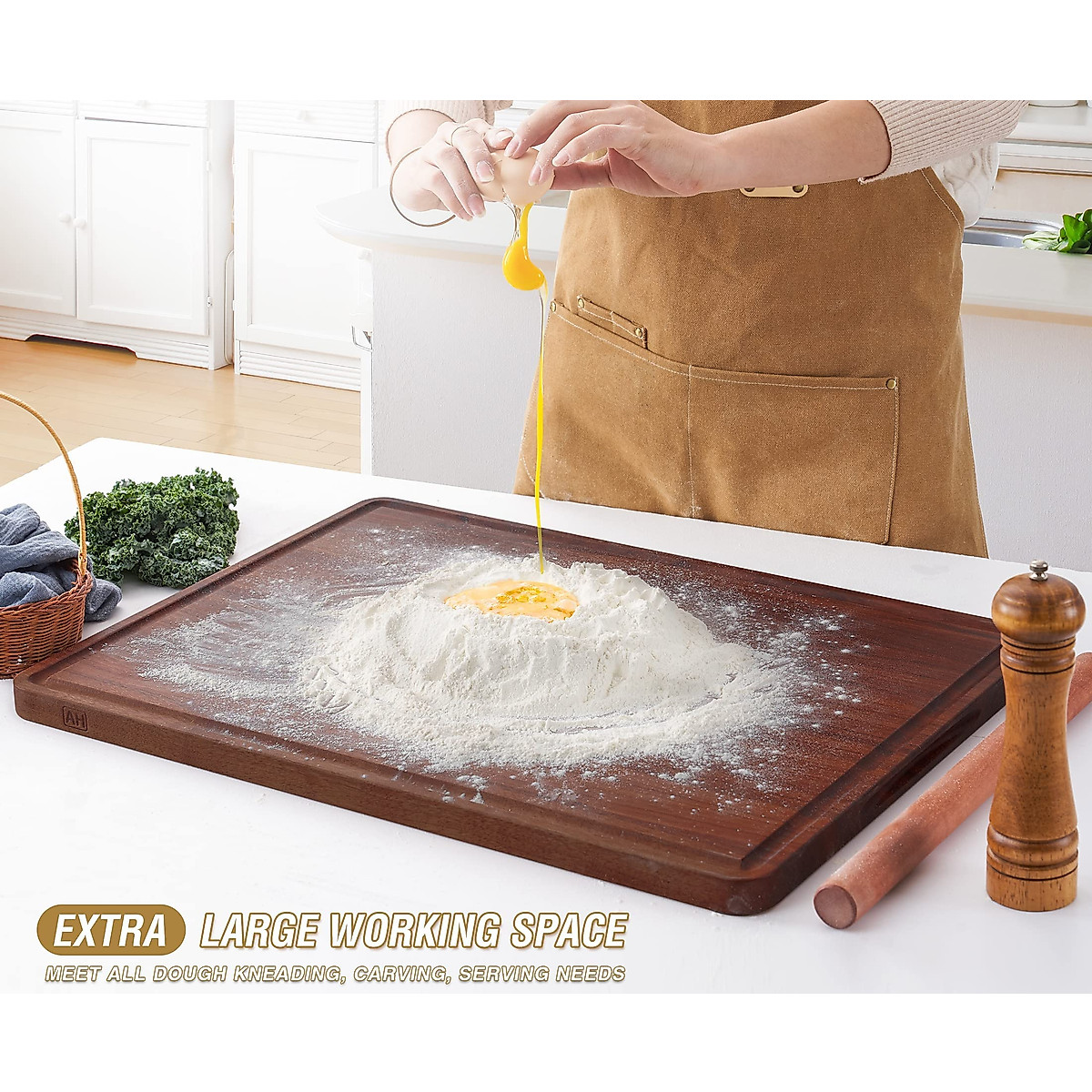 AZRHOM XXL Large Walnut Wood Cutting Board for Kitchen 24x18 (Gift Box) with Juice Groove Handles Non-slip Mats Thick Reversible Butcher Block Chopping Board