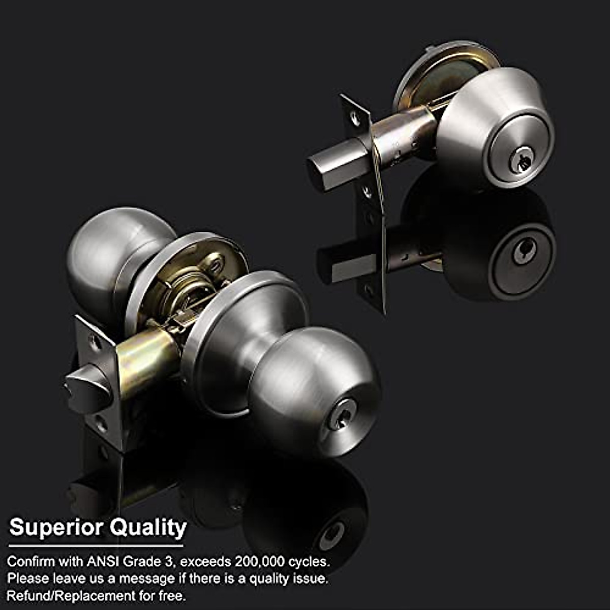 Knobonly All Keyed Same, Front Door Handleset with Single Cylinder Deadbolt in Satin Nickel Finish, Keyed Alike for Every Set