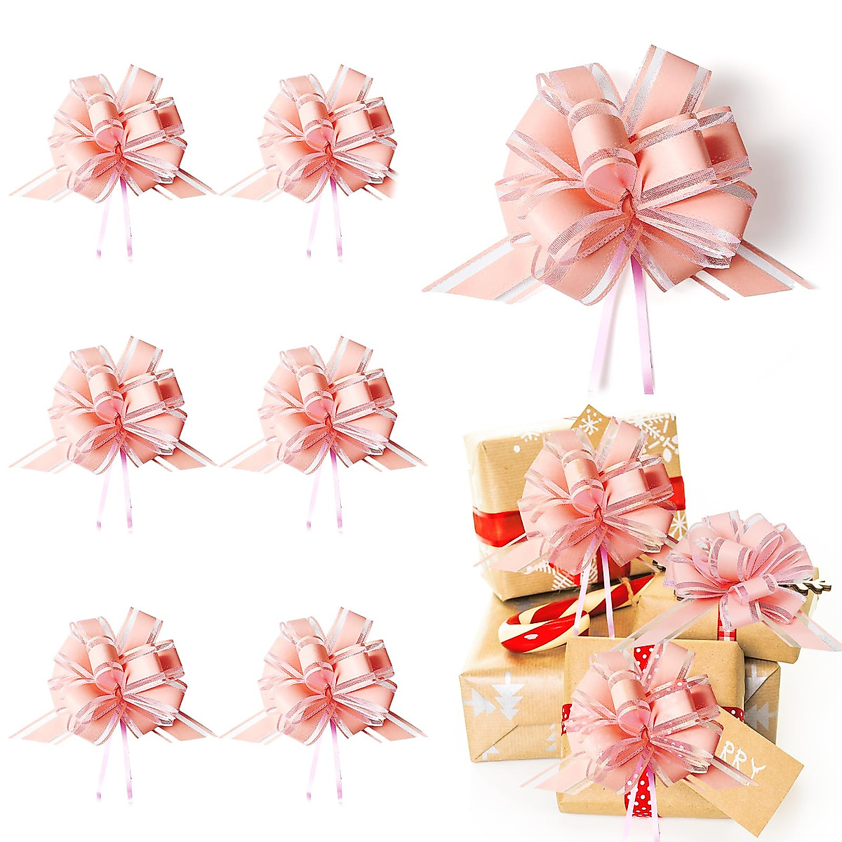 Gjinxi 6 PCS Large Pull Bows Gift Wrap Pull Bows 6 Inches Wedding Ribbon Bows Chiffon Pink Flower Boxes Decoration Bouquets Present Supplies Fit Hairstyle Crafts DIY Christmas Party Birthday Wedding