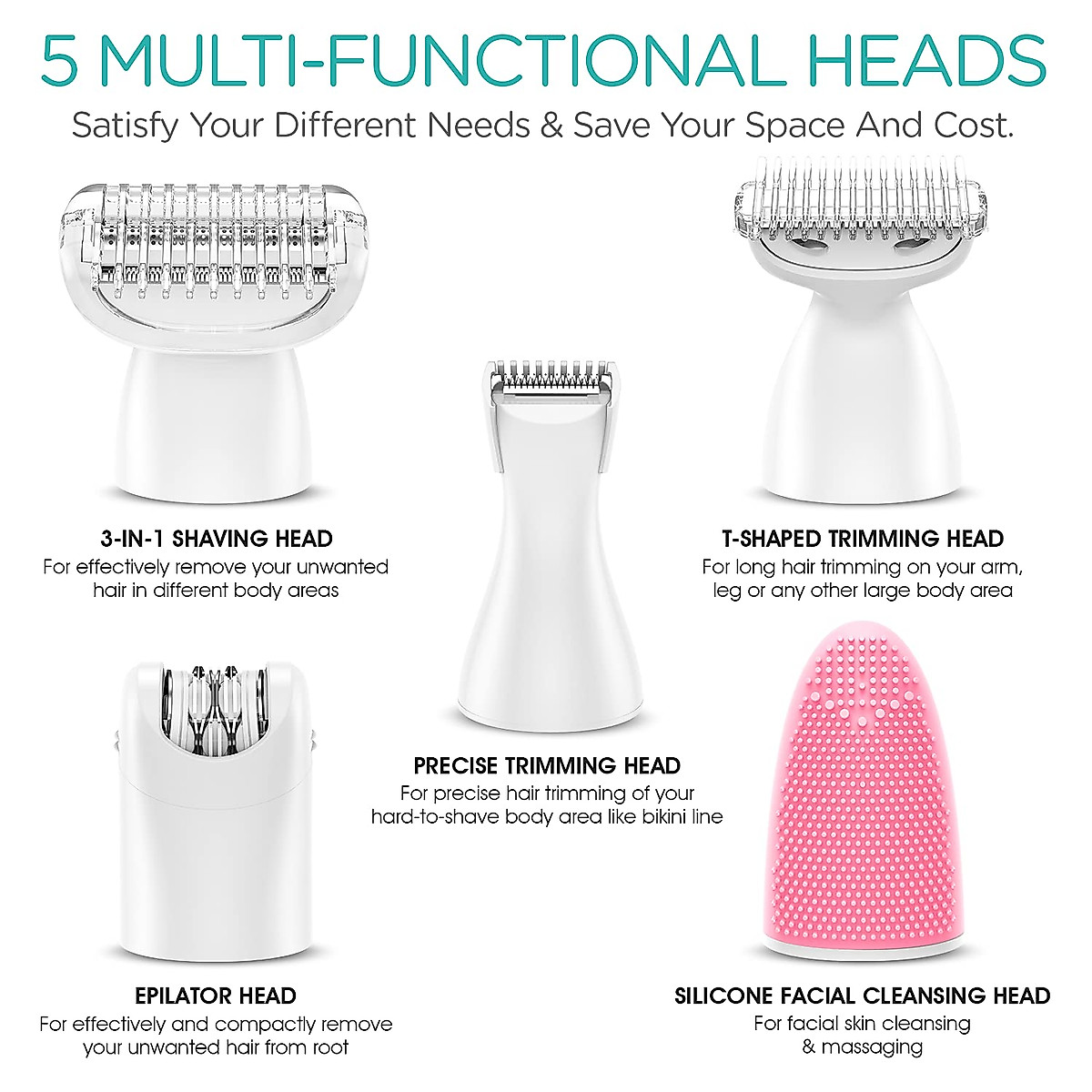 VOGOE Electric Razors for Women 5 in 1 Bikini Trimmer Rechargeable Lady Foil Shaver for Leg Underarms Face, Wet and Dry Body Hair Removal, Cordless Waterproof ES500