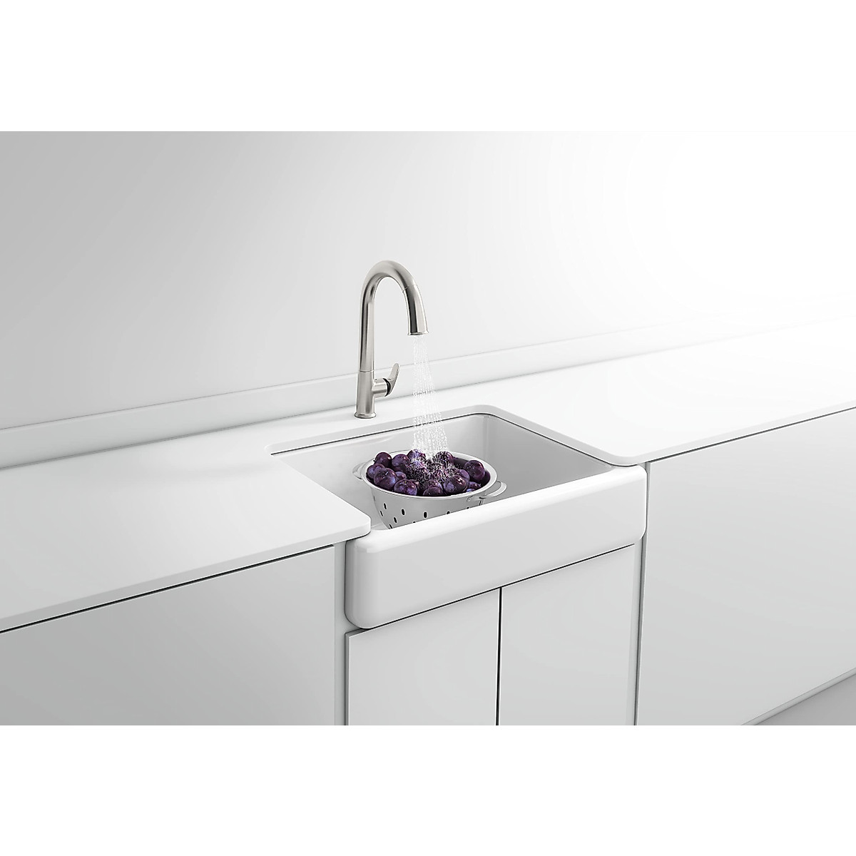 KOHLER 5826-0 Whitehaven Farmhouse Self-Trimming Undermount Single-Bowl Sink with Short Apron, 33 Inch, White