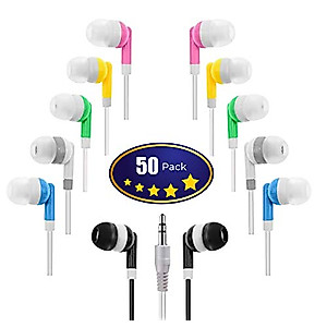 Deal Maniac 50 Pack Multi Color Kid's Wired Earbud Headphones, Disposable Earbuds, Individually Bagged, Perfect for Students in Classroom Libraries Schools, Bulk Wholesale
