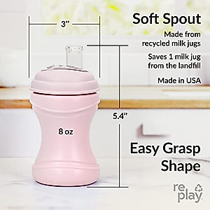 Re-Play 8oz Transition Sippy Cups for Baby Toddler, Medical Grade Silicone Soft Spout & Travel Lid, Easy to Hold Hourglass Shape, Made in USA from Recycled Milk Jugs - Ice Pink/Leaf