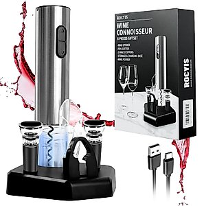 Zionheat Electric Wine Opener Set-Cordless Wine Corkscrew Bottle Opener with Charging Base Type-C USB, Foil Cutter, Aerator Pourer, Vacuum Stoppers (6 piece)