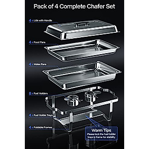 LEACCO Chafing Dishes Buffet Set, 4 Pack 8QT Stainless Steel Chafers Food Warmer Trays for Buffets, Parties