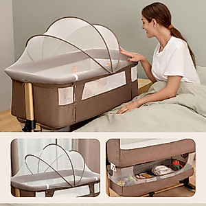 Baby Crib,3 in 1 Baby Bassinet Bedside Crib Adjustable Portable Bed for Infant,Baby Newborn Must Have Bed,Khaki