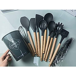 Kitchenware Set wood and silicone 12-piece non-stick frying cooking baking utensils (BPA Free) (Red)