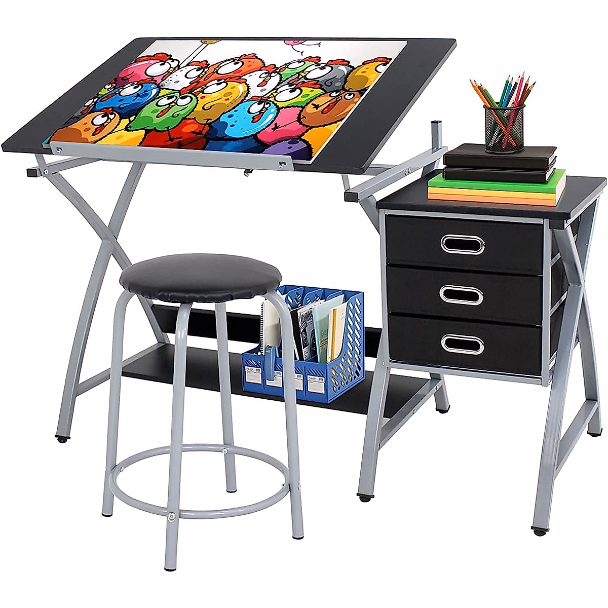 BBBuy Drafting Table Drawing Desk Art Craft Adjustable Tabletop Craft Table w/ 3 Slide Drawers and Stool Set Art Design Workstation for Writing, Painting, Sketching for Home Office, Black