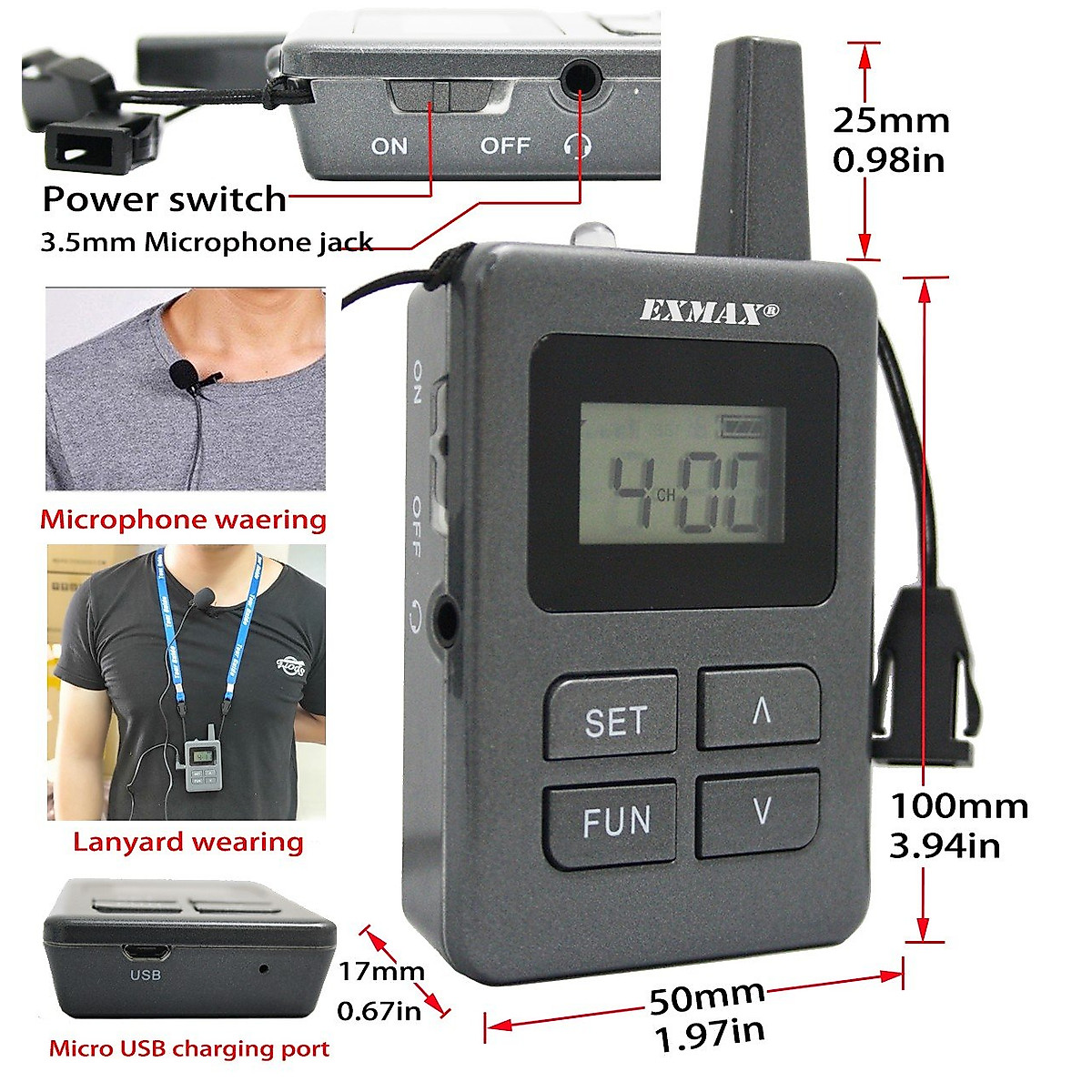 EXMAX ELGT-470 UHF 100 Channels Wireless Audio Transmission Church Translation System Simultaneous Interpreting Equipment Microphone Assisted Listening for Teaching Travel (1 Transmitter & 1 Receiver)