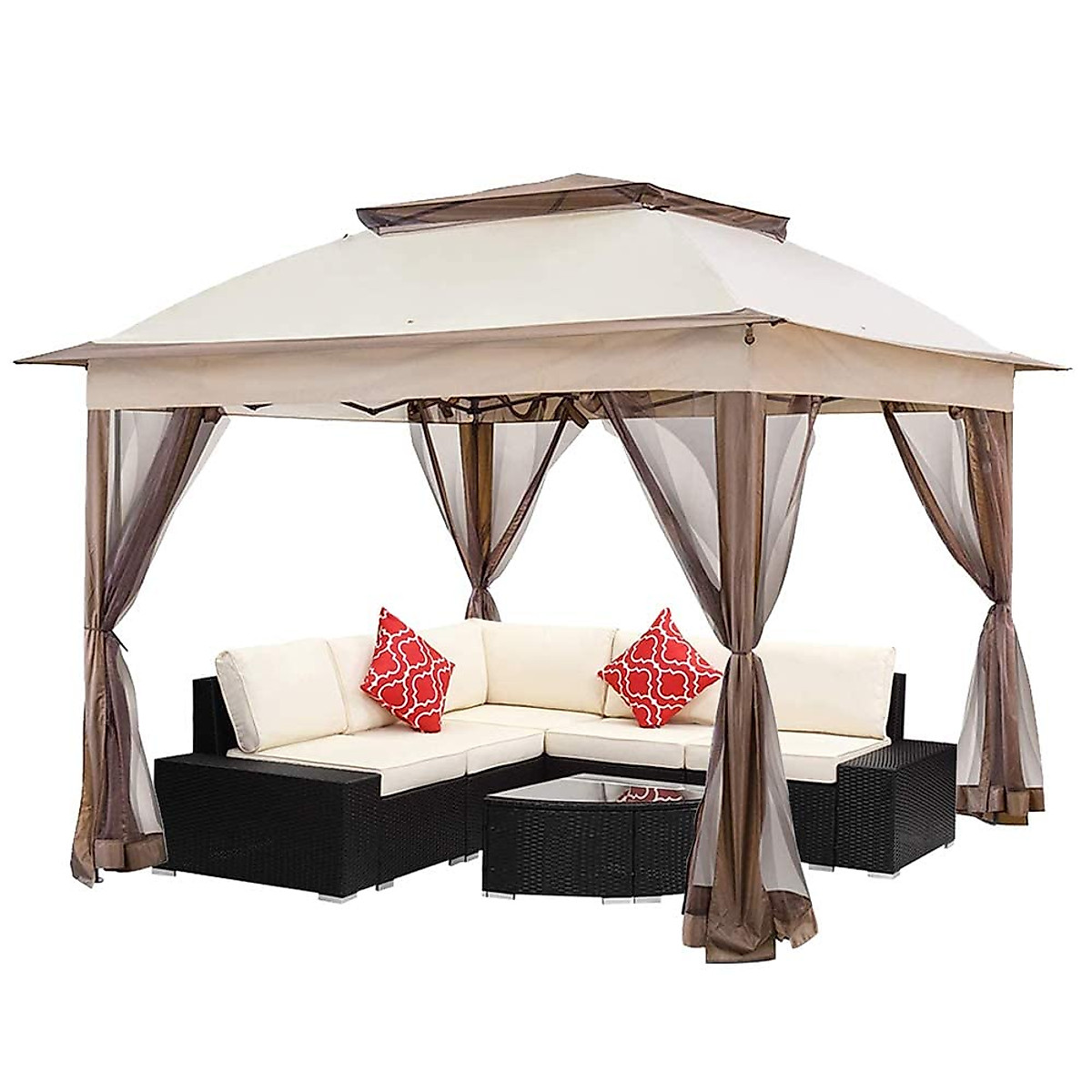 KEDY 11'x11' Pop Up Gazebo with Mosquito Netting, Outdoor Canopy Gazebo Tent for Patio, Deck and Backyard, w/Carry Bag, Beige