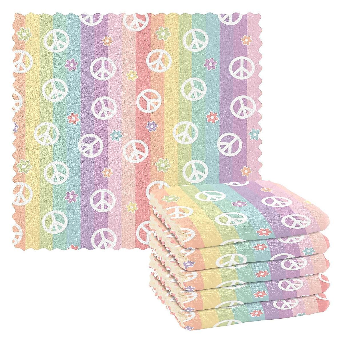 ACICS Peace Symbol Peace Sign Rainbow Flowers Kitchen Towels Dishcloths Set 11 X 11 inch Set of 6 Bulk Cotton Kitchen Towels Set Dish Towels for Washing Drying Dishes Dish Rags Super Soft