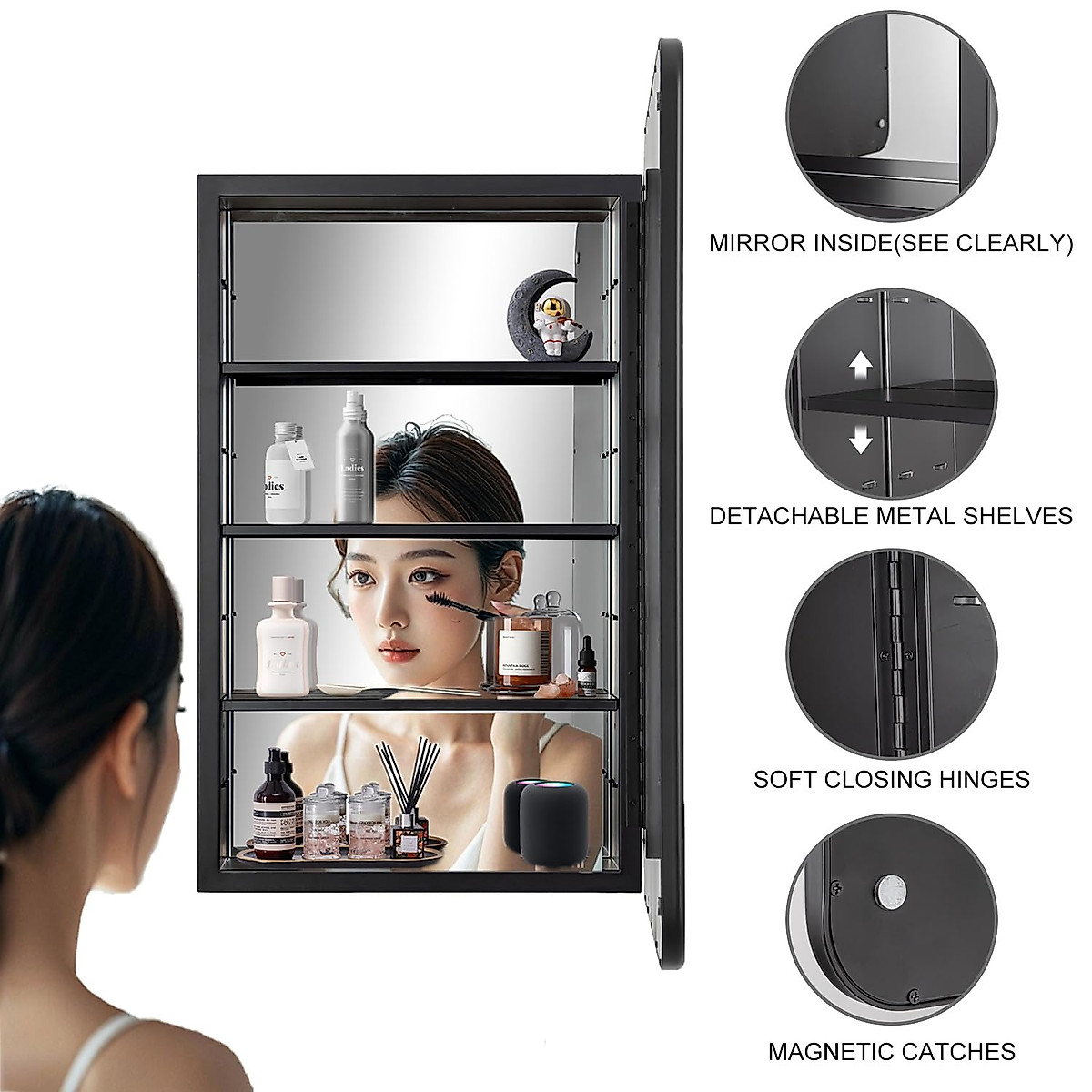 YOOSHINE Black Bathroom Medicine Cabinet with Mirror 17 x 27 Metal Frame Recessed Or Wall Mounted Single Door Storage Medicine Cabinets with Adjustable Shelves Rounded Corner Beveled Mirrors