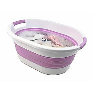 SAMMART 23L (6 gallon) Collapsible Plastic Laundry Basket - Foldable Pop Up Storage Container/Organizer - Portable Washing Tub - Space Saving Hamper/Basket (1, White/Pale Purple)