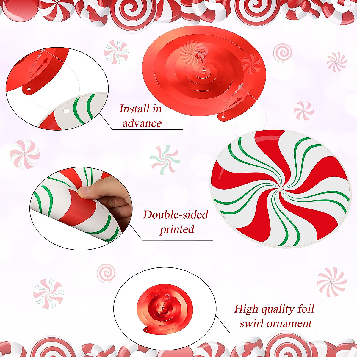 Funrous Christmas Peppermint Candy Hanging Decorations Christmas Candies Ceiling Hanging Swirls Xmas Party Ceiling Whirl Streamers for Home Winter Holiday Christmas Party (Red White Green)