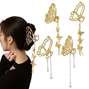 4 PACK Metal Big Gold Butterfly Hair Clips Clamp Tassel Nonslip Claw Hair Accessories for Women Girls for Thinner Thick Styling Fashion Hair Supplies