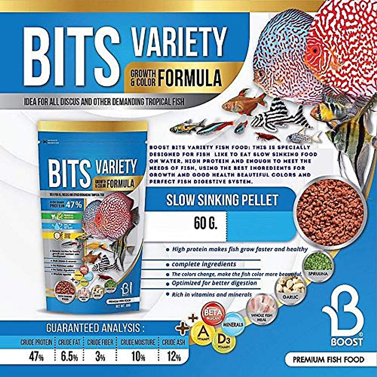 A.D.P. Fish Booster Bits Variety All Discus & Tropical Fish Food Mini Slow Sinking Pellets Grow Faster & Color Enhancing High Protein 47% for Goldfish & Aquarium Tropical Fish 60 g. Small Fish Feed