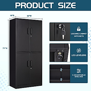 MIIIKO Steel Storage Cabinet with Locking Doors, Black Storage Cabinet with 4 Doors and 3 Adjustable Shelves, Tall Metal Locker Cabinet for Home Office, Garage, School