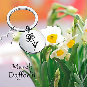 FATOP Birth Flower Jewelry Dainty Birth Flower keychain Birthday Gift Birth Month Jewelry Mother's Day Gift Flower Lover Gift (Mar-daffodil key)