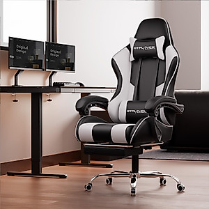 GTPLAYER Gaming Chair, Computer Chair with Footrest and Lumbar Support, Height Adjustable Game Chair with 360°-Swivel Seat and Headrest and for Office or Gaming (White)
