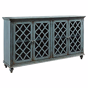 Signature Design by Ashley Mirimyn Vintage 69" 4-Door Accent Cabinet with Mirrored Glass and 2 Adjustable Shelves, Antique Blue