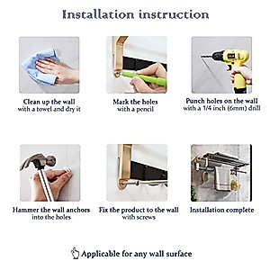 ROZZWILD Towel Rack Wall Mounted 24 Inch Adhesive No Drill Towel Storage Shelf with 5 Hooks for Bathroom Aluminum Alloy Rustproof Matte Black Gold