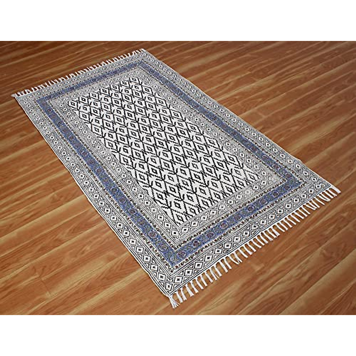 Casavani Hand Block Printed Rug Floral Blue & Beige Tassel Rug Boho Area Rug Easy Care Washable Rugs for Doormat Entryway Living Room Bedroom Hallway Balcony 12x12 Feet Square