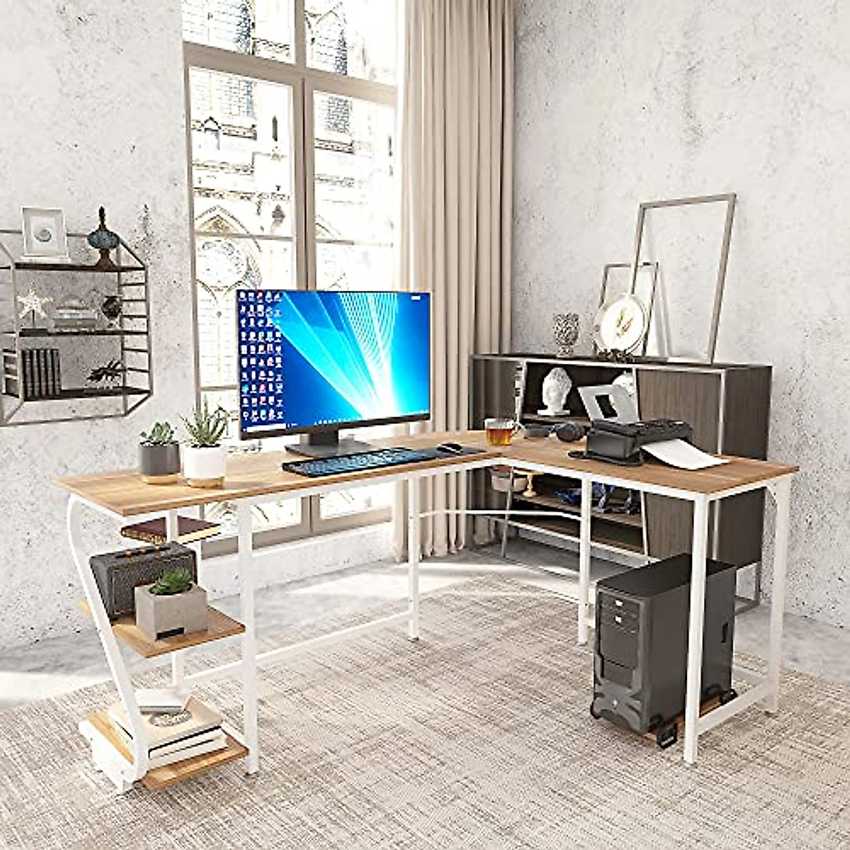 Weehom Reversible L Shaped Desk with Shelves Large Corner Computer Desks for Home Office Writing Workstation Wooden Desk Table, Walnut+White Leg