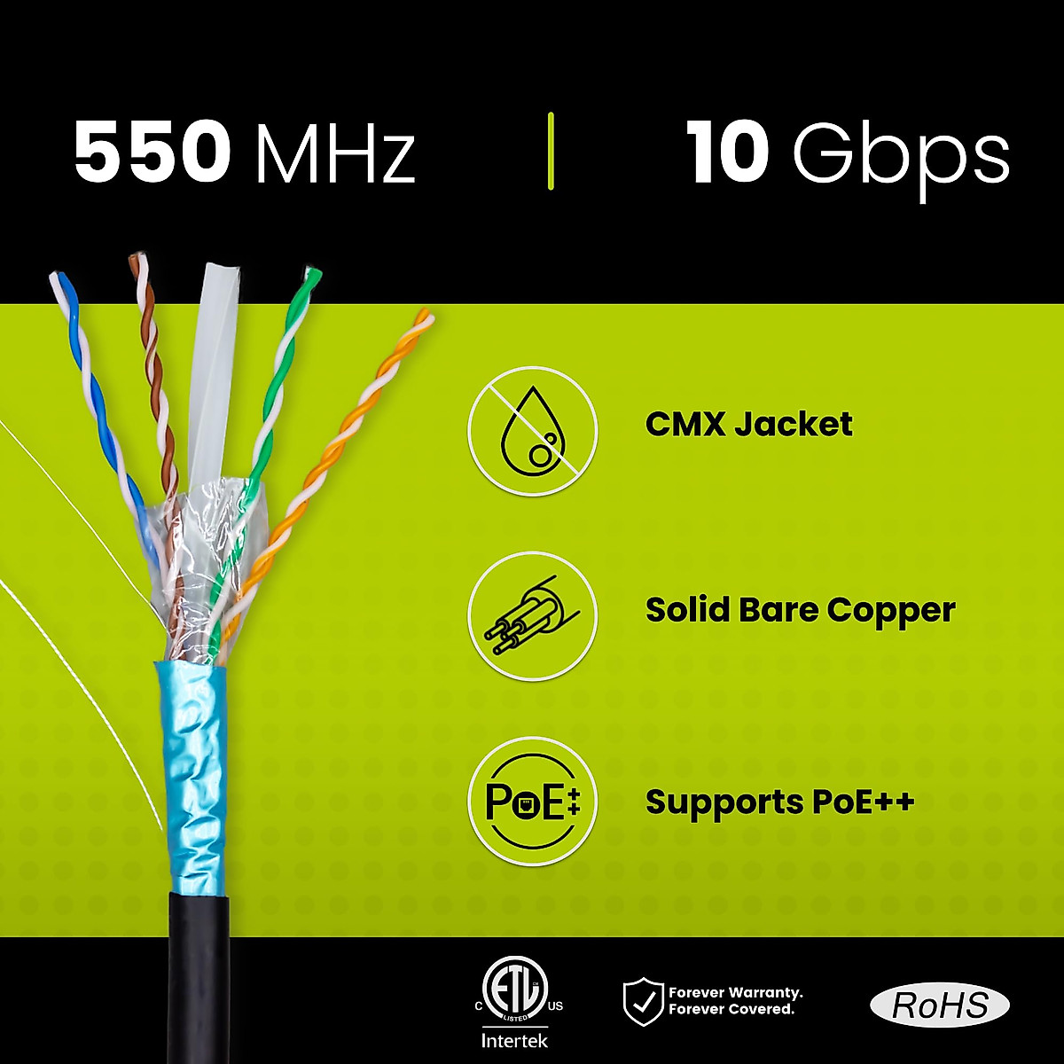 trueCABLE Cat6 Outdoor, Shielded F/UTP, 500ft, UV Resistant, CMX Rated, Black, 23AWG Solid Bare Copper, 550MHz, PoE++ (4PPoE), ETL Listed, Bulk Ethernet Cable
