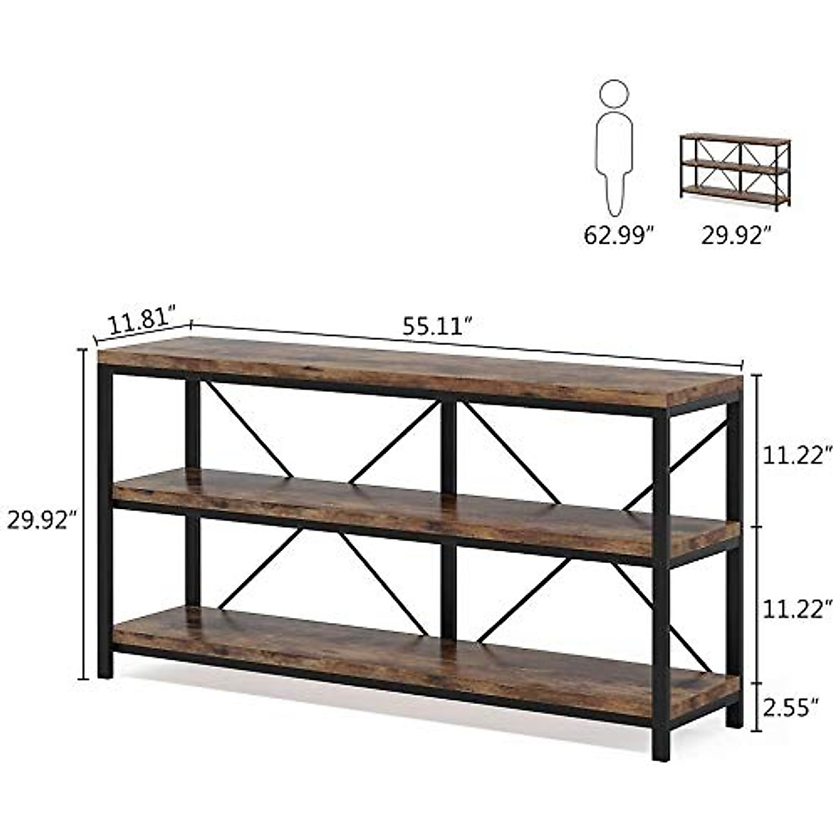 Tribesigns 55 Inches Long Sofa Table with Storage Shelves, 3 Tiers Industrial Rustic Console Table with Open Shelves, Three Decorative Shelf, Open TV Shelf for Living Room, Hallway, Book