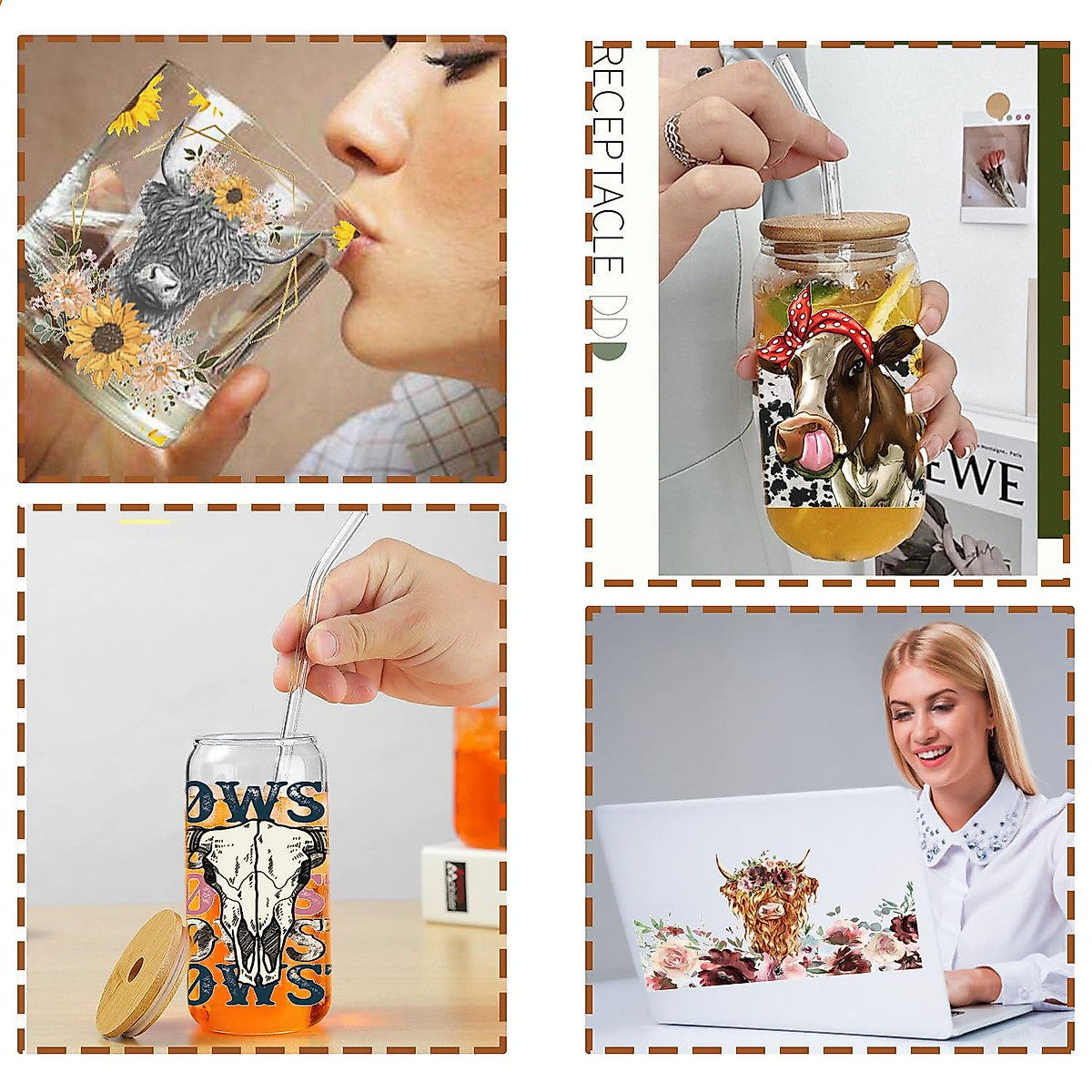 UV DTF Cup Wrap Transfer Stickers for Glass, 9 Sheet Rub on Transfers for Crafting, UV DTF Transfer Waterproof Sticker for 16OZ Libbey Glass Cups Furniture Craft Wood DIY Crafts (Farmhouse Cow)