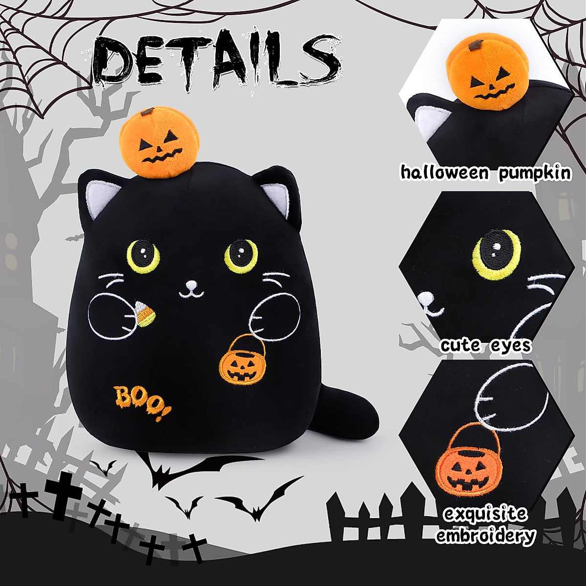 InIsaJace Cute Halloween Cat Plush - 8 Inches Halloween Cat Stuffed Animals Halloween Black Cat Plush with Pumpkin Boo Cat Plush Pillow Birthday Gifts for Kids Boys Girls Halloween Birthday Plush Gift