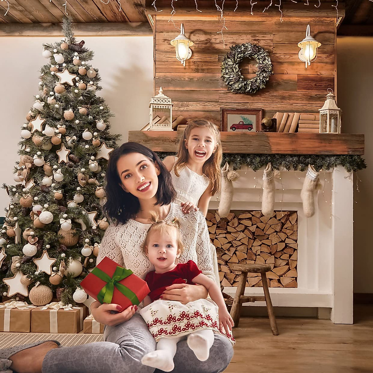 AIIKES 8X8FT Christmas Theme Photography Backdrop - Xmas Tree Wreath Gift Box White Socks Holiday Party Studio Props 12-381