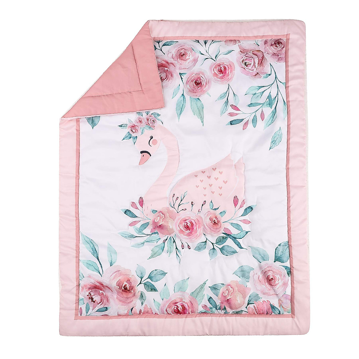 CribMATE 4 PCs Pink Rose Swan Nursery Crib Bedding Set Baby Girl Floral Swan Themed Cot Bedding Set 1 Quilt 1 Skirt 1 Fitted Sheet 1 Window Valance, Pink White, 28 X 52