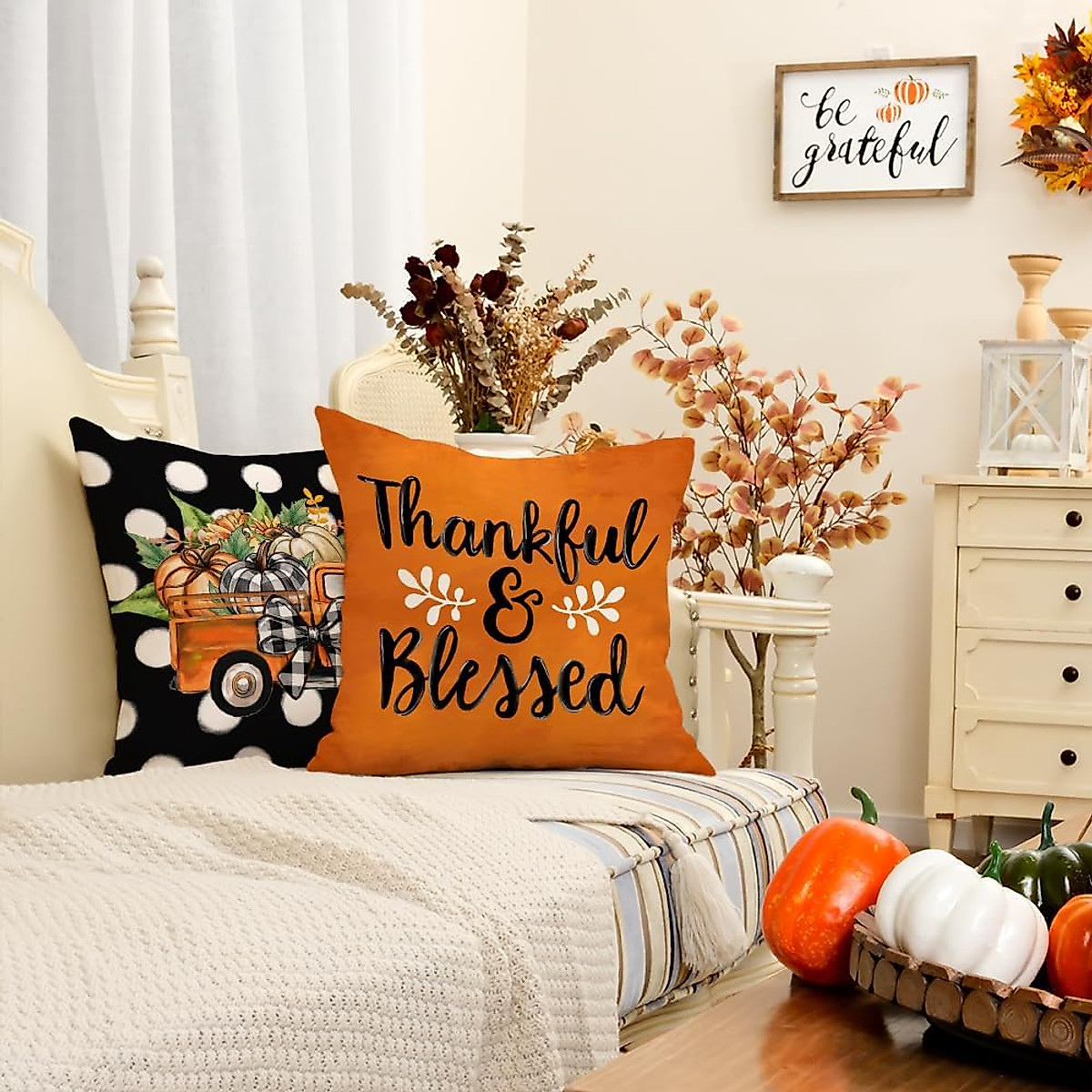 GEEORY Fall Pillow Covers 18 x 18 Inch Set of 4, Polka Dots Buffalo Bow-Knot Pumpkins Truck Thankful Thanksgiving Decor Decorative Throw Cushion Cases Decoration for Home Sofa Couch (Black) G405-18