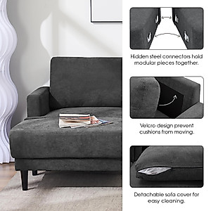 MCombo Sectional Couch Sofa L Shaped Couch for Living Room 3-Seat Dark Grey Sofa for Bedroom Modern Couch Set of 4 for Small Space Apartment Velvet Couch with Ottoman