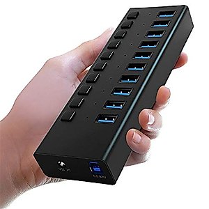 ZPLJ High-Speed USB Hub Powered 10 Port USB 3.0 Portable Splitter Aluminum Data Hub with Individual On/Off Switch USB Hub Adapter Portable (Color : Black, Size : 150x53x23mm)