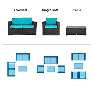 Kinsunny 4 Piece Outdoor Conversation Set Patio Sectional Sofa PE Wicker Furniture Sets with Glass Coffee Table and Cushions for Porch Lawn