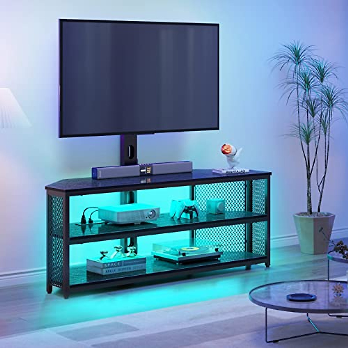 Rolanstar TV Stand with Mount and Power Outlet, Swivel TV Stand Mount with LED Lights for 32/45/55/60/65/70 inch TVs,Black Entertainment Center Media Console with Height Adjustable Mount
