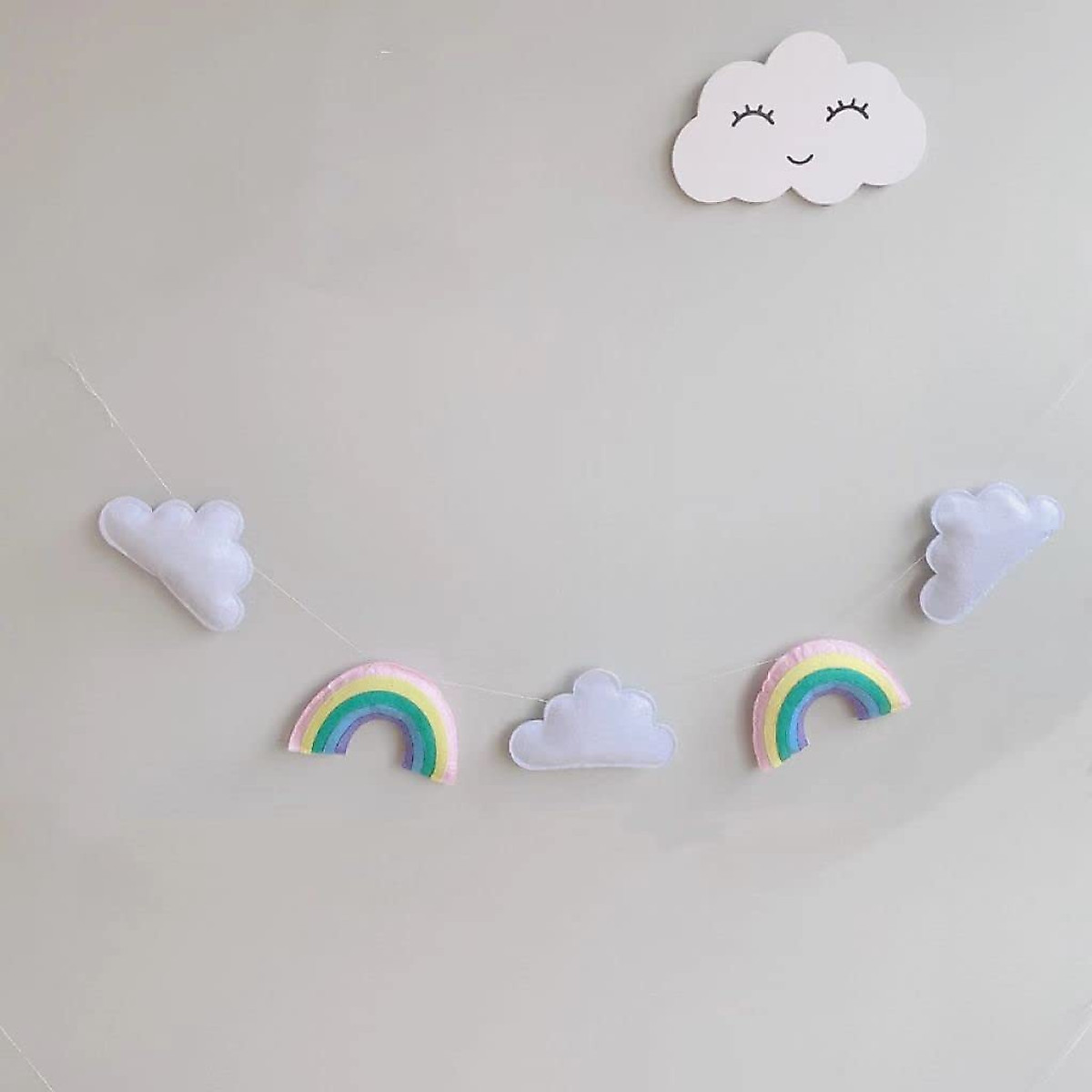 Bemeet 5ft Felt Cloud Rainbow Wall Hanging Decoration (Set of 1) Clouds Rainbows Wall Hanging Garland for Kids Bedroom Crib Tent, Baby Shower Party Supplies, Sky Theme String Banner for Nursery Decor