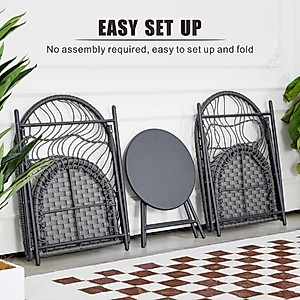 HWB Foldable 3-Piece Patio Bistro Set with Folding Rattan Chairs and Round Table - Small Outdoor Furniture for Balcony, Garden, Backyard, Restaurant, Cafe Bar (Grey)