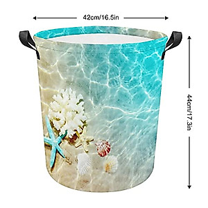 Starfish Coral and Seashell on Beach Foldable Laundry Basket Waterproof Hamper Storage Bin Bag with Handle 16.5"x 16.5"x 17"