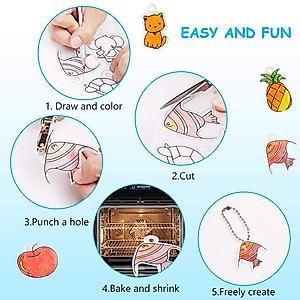 Shrink Plastic Sheet Kit, 166 Pcs Shrink Art Kit Include 10Pcs Shrink Film Paper and 8 Pcs Shrinky Art Paper with Pattern, Hole Punch, Keychains Accessories and Pencils for Kids Creative Craft