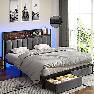 Fastroby LED Upholstered Queen Bed Frame with Storage Headboard, Drawers and Charging Station, Easy Assembly, No Box Spring Needed