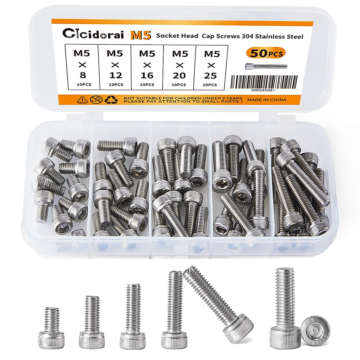 Cicidorai M5 x 8mm 12mm 16mm 20mm 25mm Socket Head Cap Screws Bolts, Stainless Steel 304, Metric Allen Hex Drive, Fully Threaded, Bright Finish, 50PCS