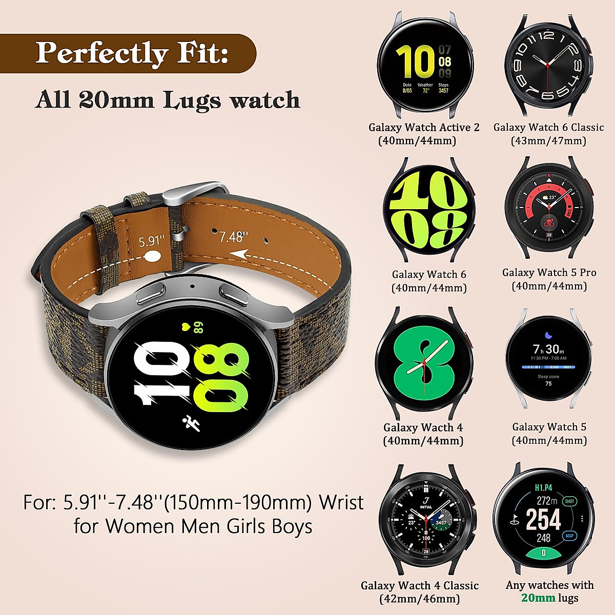 Leather Band Compatible with Samsung Galaxy Watch 6/5/4 40mm 44mm/6 Classic Band 43mm 47mm/4 Classic 42mm 46mm, 20mm Designer Classic Watch Wristbands for Active 2/3 41mm Women Men